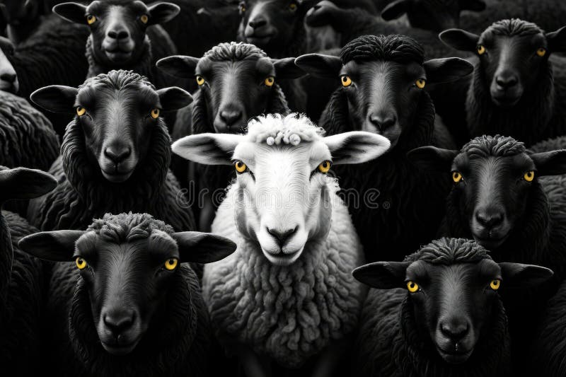 Herd of Black and White Sheep with One White Sheep in the Middle ...