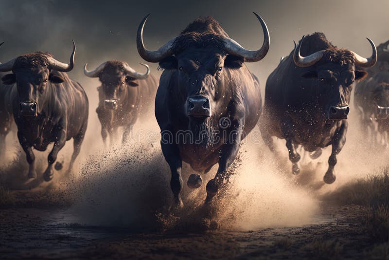 A Herd of Buffalo Runs Very Fast. Generative AI Stock Illustration ...