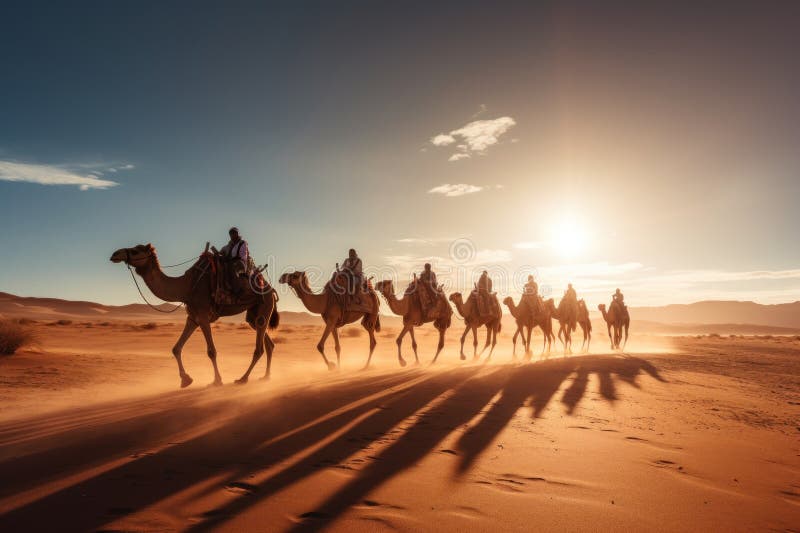 Herd of Camel Riders Crossing the Great Desert Stock Image - Image of ...