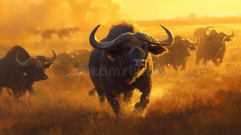 Herd of Cape Buffalo Running through Golden Dust at Sunset Stock ...