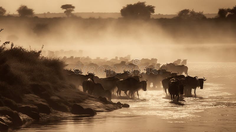 A Herd of Cattle Crossing a River, Splashing Water As they Make Their ...
