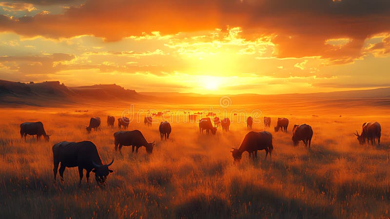 Herd of Cattle Grazing in a Field at Sunset Stock Illustration ...