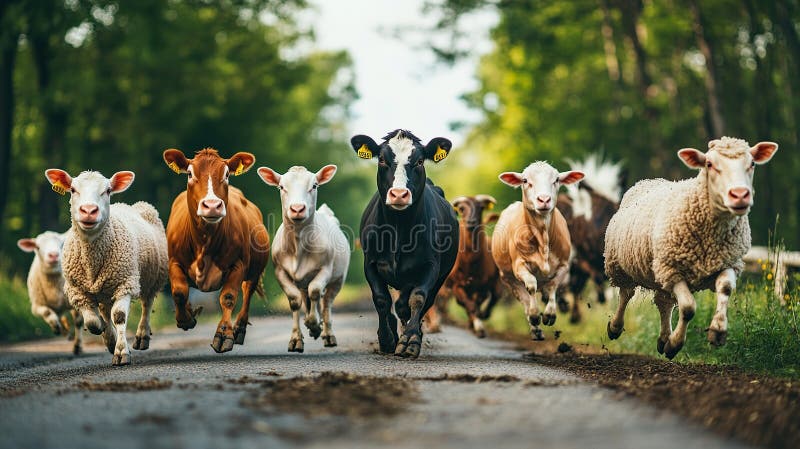 Herd of Cows and Sheep Running on Road Stock Illustration ...