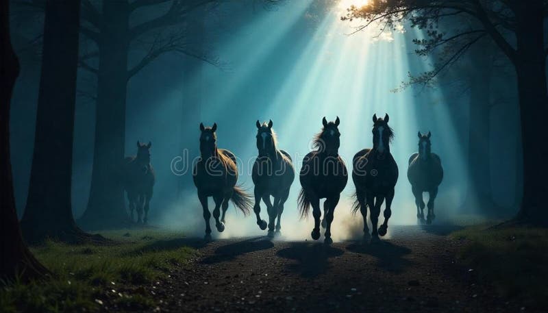 A Herd of Dark Silhouetted Horses Running through a Misty Forest with ...