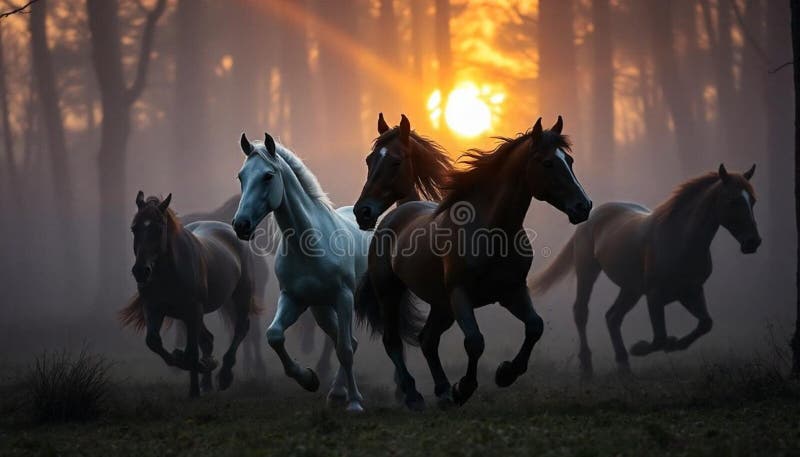 A Herd of Dark Silhouetted Horses Running through a Misty Forest with ...