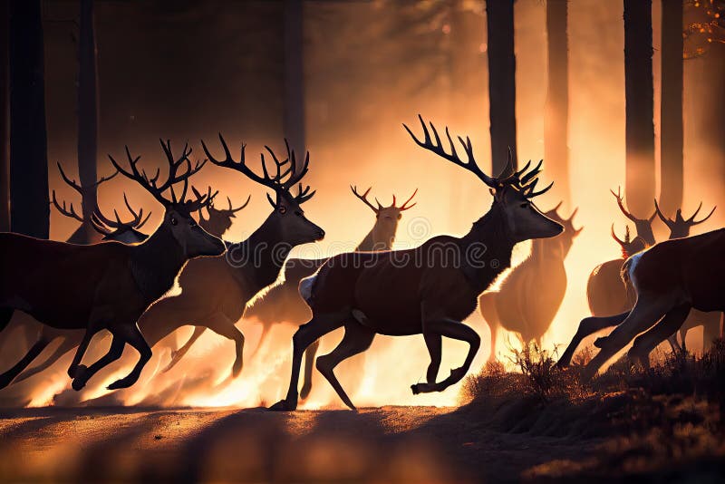 A Herd of Deer Running through a Forest at Sunrise Stock Illustration ...