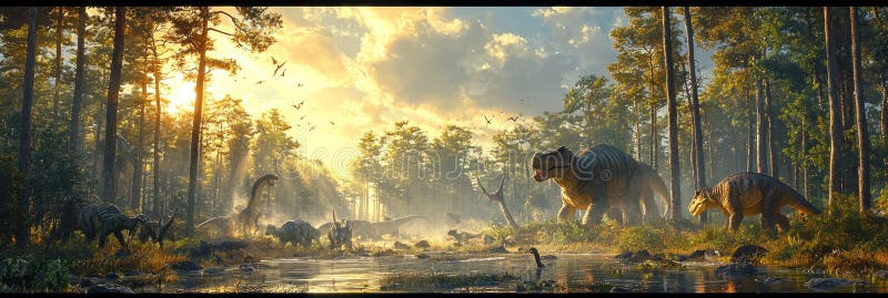 A Herd of Dinosaurs Walk through a Prehistoric Forest As the Sun Sets ...