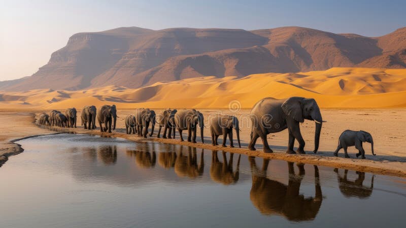 A Herd of Elephants Came To Water at an Oasis in the Middle of the ...