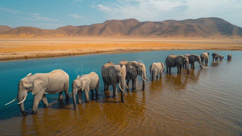 A Herd of Elephants Came To Water at an Oasis in the Middle of the ...
