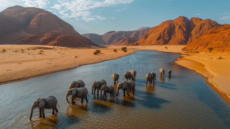 A Herd of Elephants Came To Water at an Oasis in the Middle of the ...
