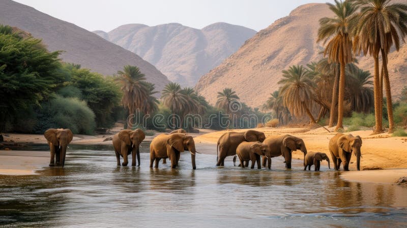 A Herd of Elephants Came To Water at an Oasis in the Middle of the ...