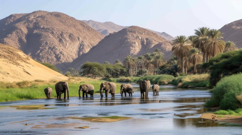 A Herd of Elephants Came To Water at an Oasis in the Middle of the ...