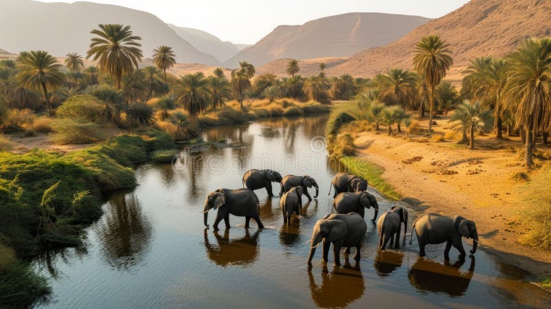 A Herd of Elephants Came To Water at an Oasis in the Middle of the ...