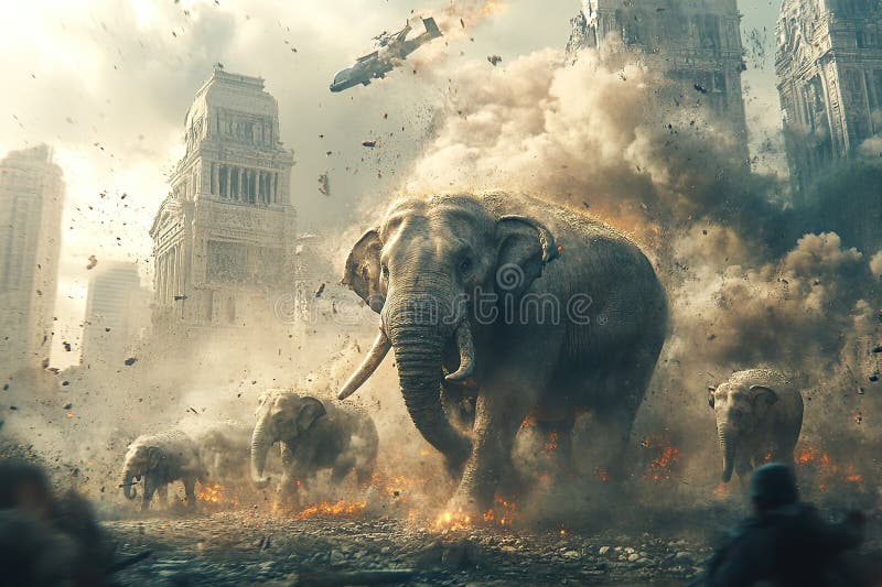 Elephants Charge through War Torn Cityscape Stock Photo - Image of fear ...