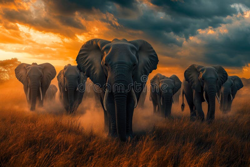 Herd of Elephants Marching through the Savanna at Sunset Stock ...