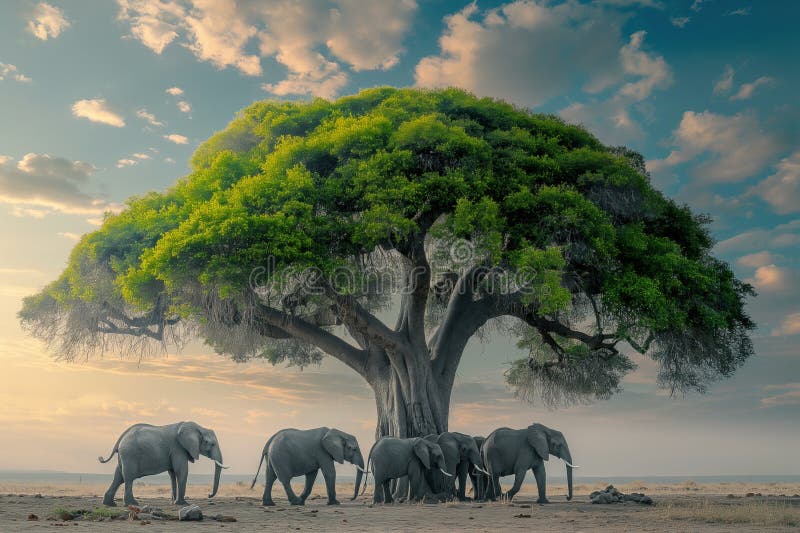 A Herd of Elephants Under a Tree. Stock Illustration - Illustration of ...