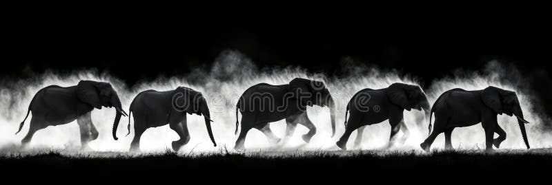Herd of Elephants Walking Across Dusty Plain with Dramatic Lighting ...