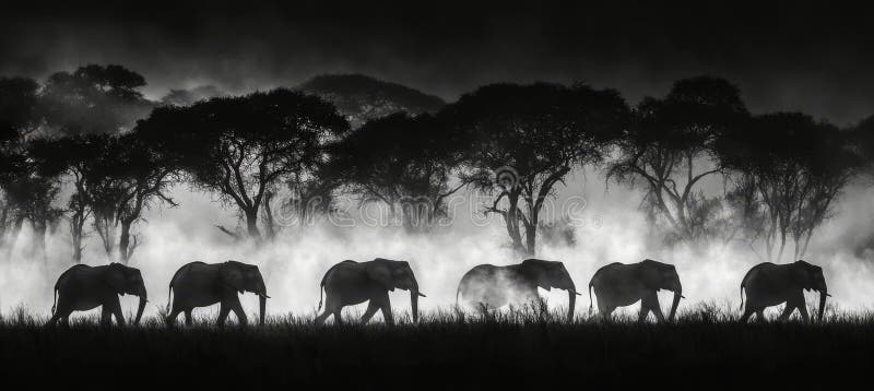 Herd of Elephants Walking in Single File Line Across Dusty Plain ...