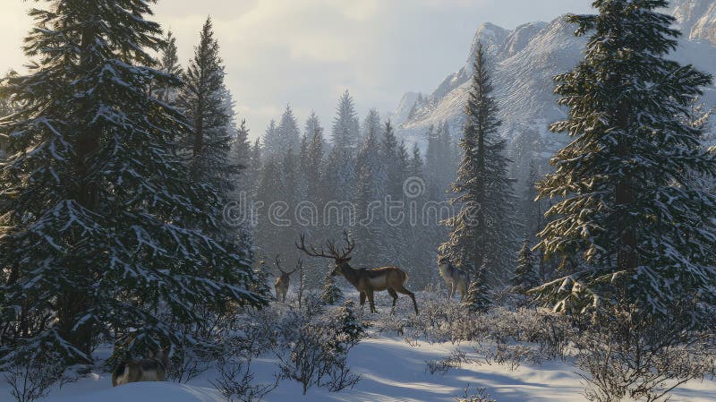 A Herd of Elk Stand in a Snowy Forest with Tall Pine Trees and a ...