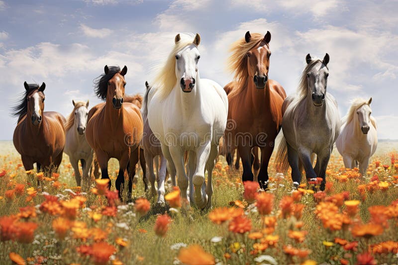 Herd of Horses in a Field of Flowers in the Spring, Herd of Horses ...