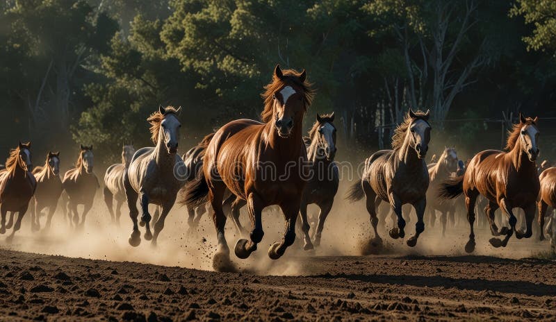 Herd of Horses Galloping in Dusty Field Stock Illustration ...