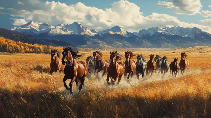 A Herd of Horses Galloping through a Golden Field with a Mountain Range ...