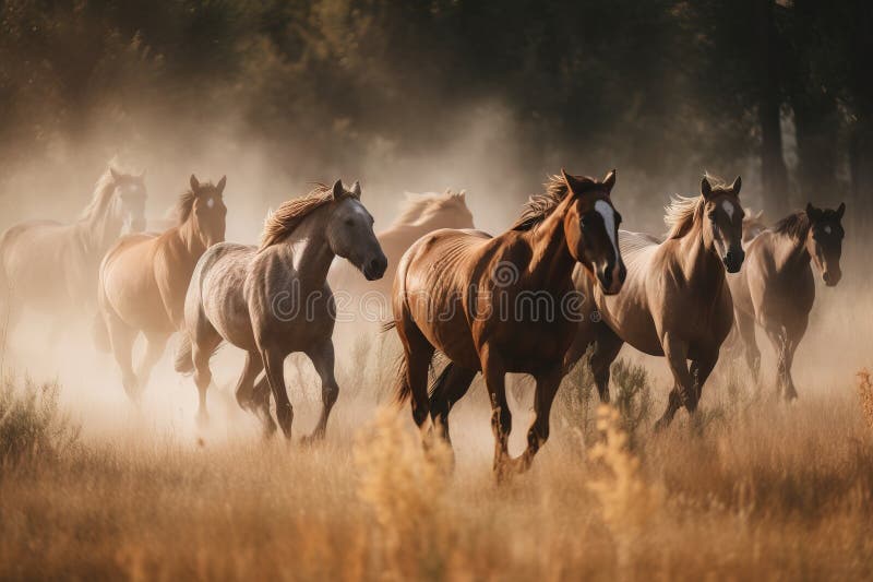 A Herd of Horses Running through a Field of Tall Grass Stock ...