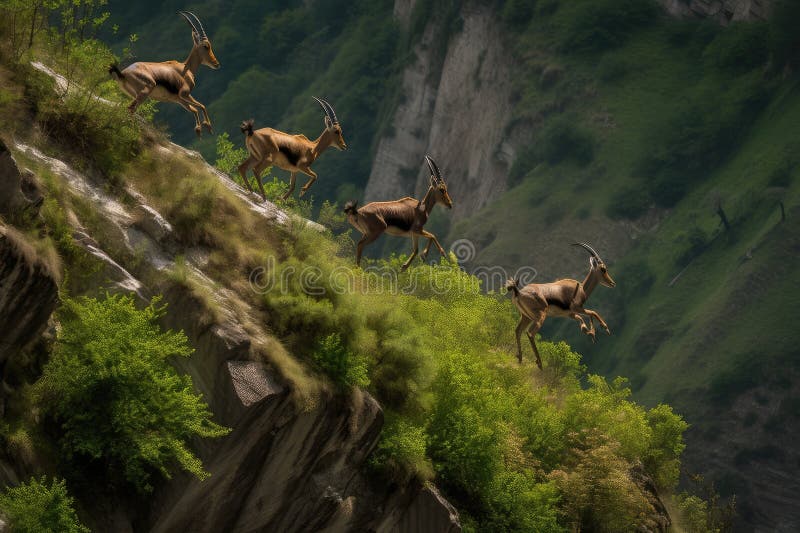 A Herd of Ibex Jumping from Cliffside into a Lush Valley Below Stock ...