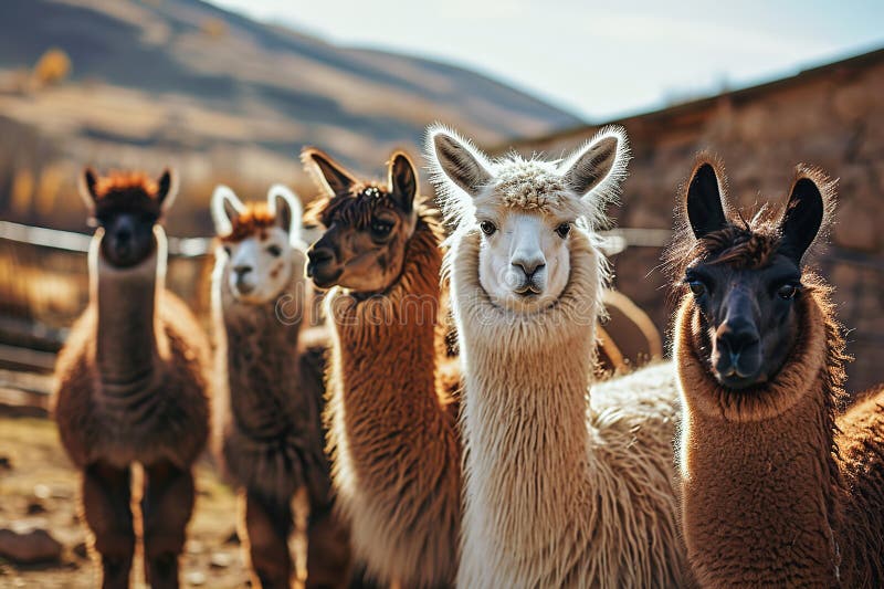 Herd of Llamas or Alpacas on the Farm in Mountains Stock Illustration ...