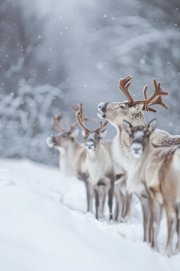 Herd of Majestic Reindeer Standing in a Snowfall, with a Serene Winter ...