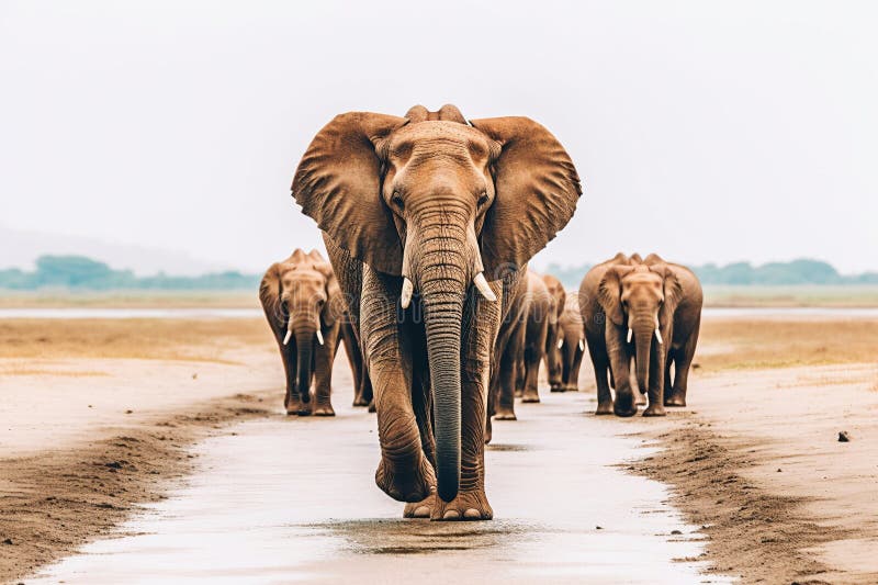 Herd of Nine Elephants Crossing a Dirt Road Stock Illustration ...