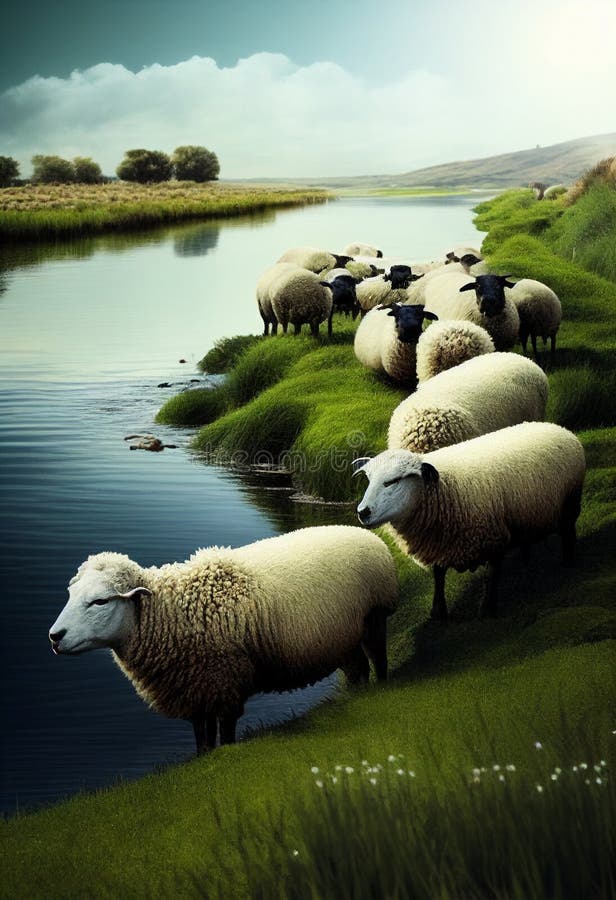 A Herd of Rams and Sheep Grazes on a Green Meadow in the Rays of the ...