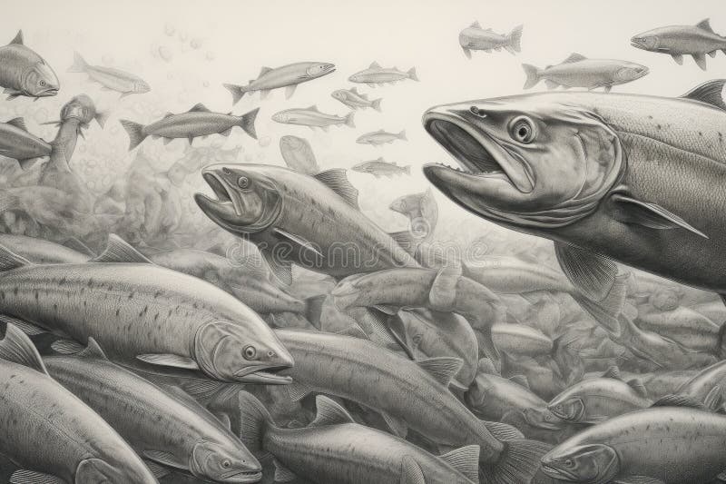 A Herd of Salmon Fish Drawing, Salmon Fish Pencil Drawing Vintage ...
