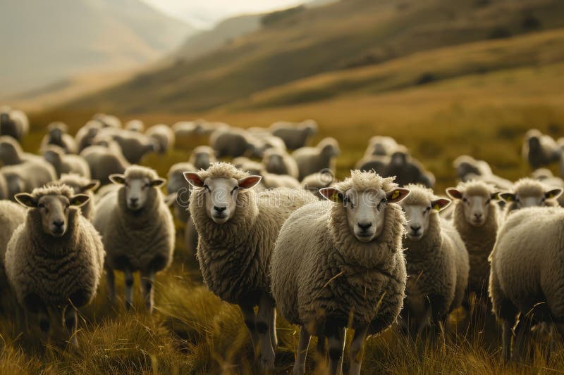 Herd of Sheep on Hills in Golden Light Stock Image - Image of hills ...