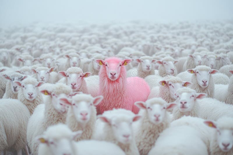 A Herd of Sheep with One Sheep that is Pink Stock Photo - Image of ...