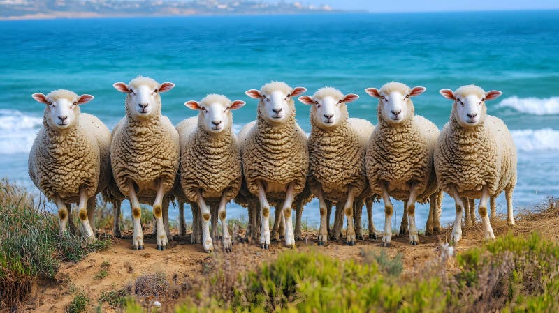 Herd of Sheep and Sea Background Stock Image - Image of cattle ...