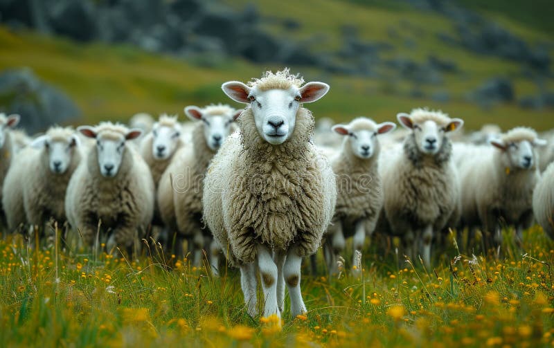 A Herd of Sheep are Standing in a Field of Grass. One Sheep is Looking ...