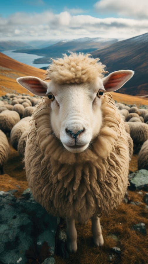 A Herd of Sheep Standing on Top of a Grass Covered Hillside, AI Stock ...