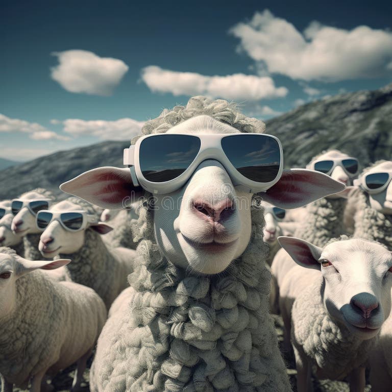A Herd of Sheep Wearing Virtual Reality Glasses Stock Illustration ...