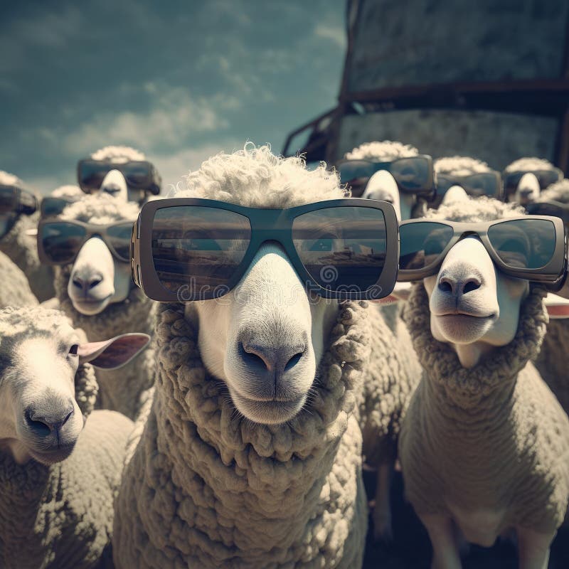 A Herd of Sheep Wearing Virtual Reality Glasses Stock Illustration ...