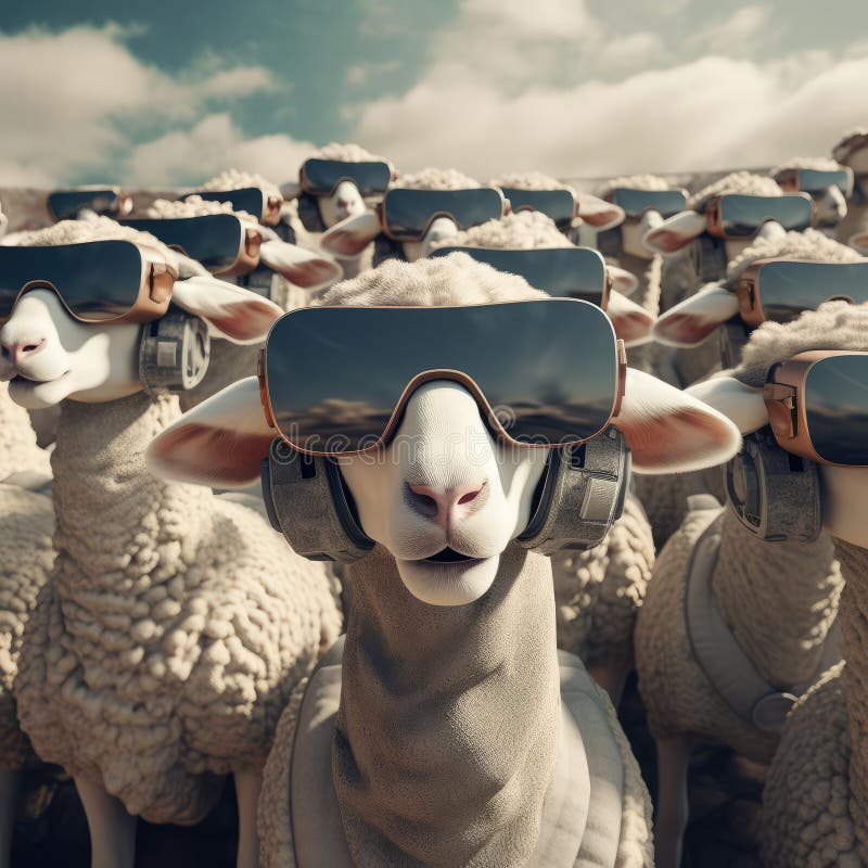 A Herd of Sheep Wearing Virtual Reality Glasses Stock Illustration ...