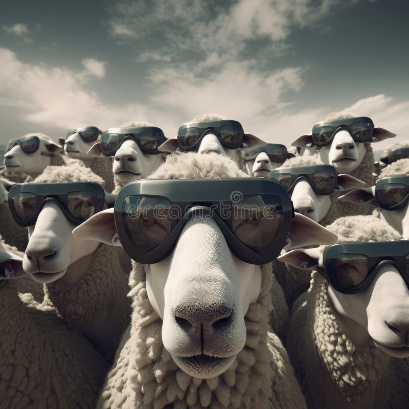 A Herd of Sheep Wearing Virtual Reality Glasses Stock Illustration ...