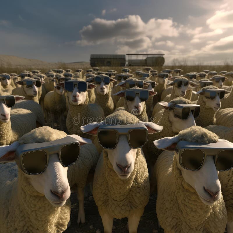 A Herd of Sheep Wearing Virtual Reality Glasses Stock Illustration ...