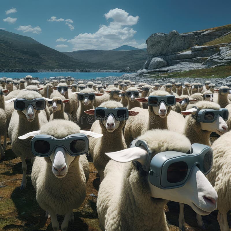 A Herd of Sheep Wearing Virtual Reality Glasses Stock Illustration ...