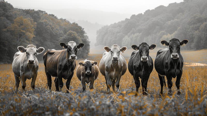 A Herd of Six Cows Stand in a Field, Looking at the Camera. the Cows ...