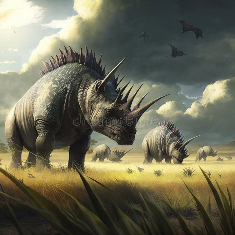 A Herd of Stegosaurs Grazing in a Grassy Savannah Stock Illustration ...
