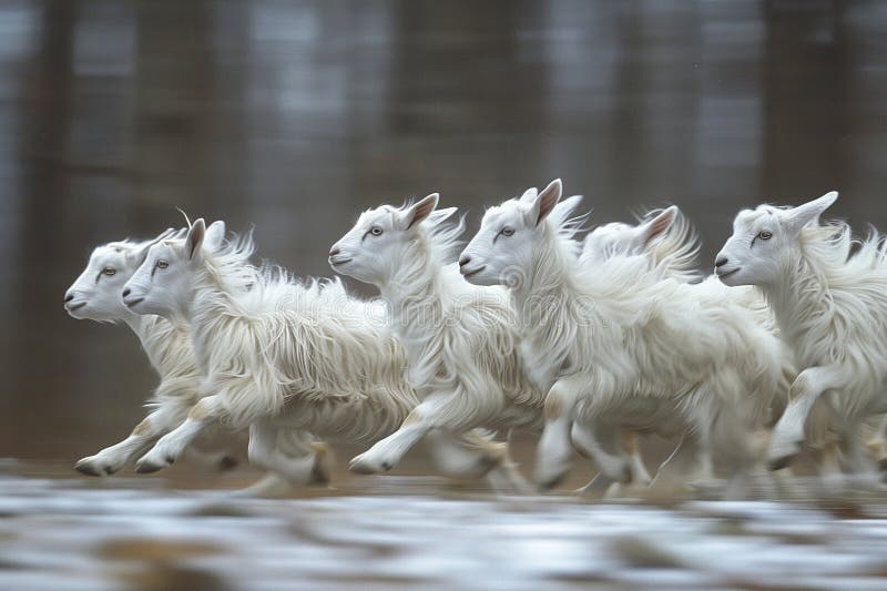 A Herd of White Goats Running Across a Snowy Field Stock Image - Image ...