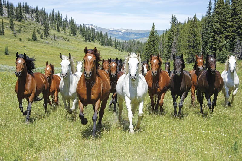 Herd of Wild Horses Galloping Across an Open Plain Stock Illustration ...