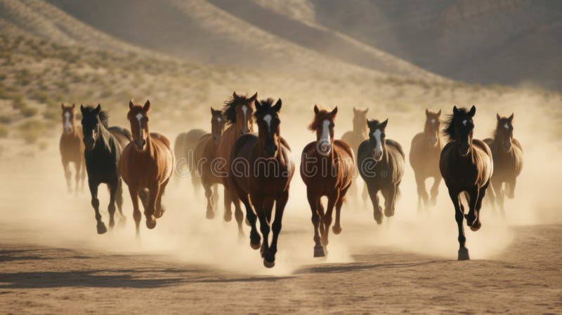 A Herd of Wild Mustangs Running Across a Desert Landscape Stock Image ...