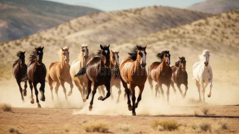 A Herd of Wild Mustangs Running Across a Desert Landscape Stock Image ...